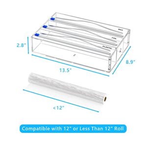 KDSKSC Tin Foil Organizer for Drawer with 12 Labels, Plastic Wrap Dispenser with Cutter, 3 in 1 Acrylic Aluminum Foil Holder, 2 Drawer Organizer for Kitchen Wrap Not Moldy | Visible | Fits 12" Roll