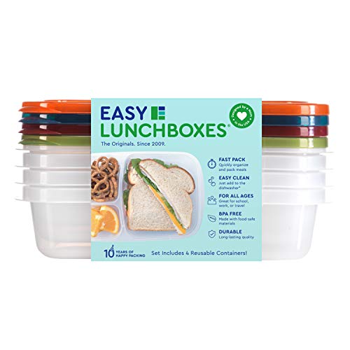 EasyLunchboxes® - Bento Lunch Boxes - Reusable 3-Compartment Food Containers for School, Work, and Travel, Set of 4, Classic