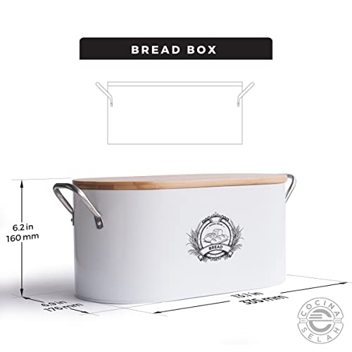 3 in 1 - Premium White Bread Box for Kitchen Counter, Perfect Wedding & Kitchen Decor Gift for Women - 16.1"x 7"x 6.3" Bread Storage Container with Extra Oval Banneton Bread Proofing Basket