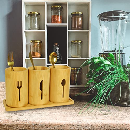 365Home Bamboo Silverware Organizer Countertop, Flatware Caddy, Bamboo Utensil Holder for Party, Kitchen Table, Farmhouse