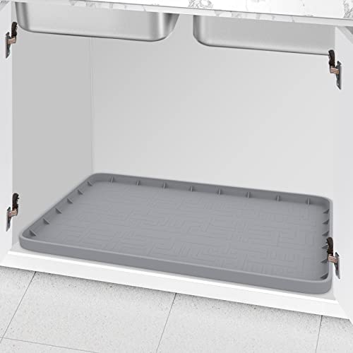 Bigger Under Sink Mat, 34" x 22" Silicone Under Sink Liner for Kitchen Waterproof, Hold up to 3.3 Gallons Liquid, Kitchen Bathroom Cabinet Mat and Protector for Drips Leaks Spills Tray (Grey)