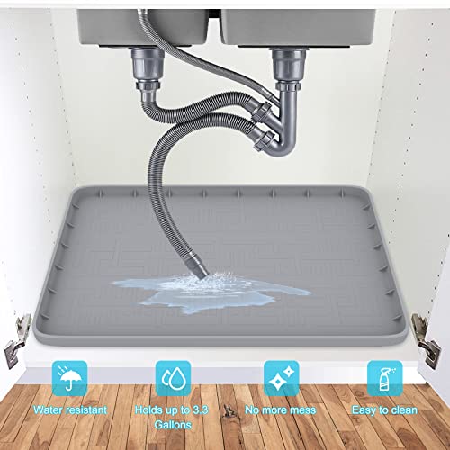 Bigger Under Sink Mat, 34" x 22" Silicone Under Sink Liner for Kitchen Waterproof, Hold up to 3.3 Gallons Liquid, Kitchen Bathroom Cabinet Mat and Protector for Drips Leaks Spills Tray (Grey)