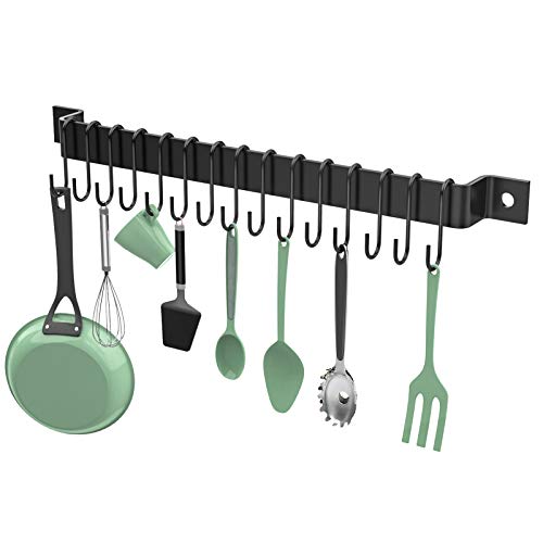 Housolution Kitchen Rail with 15 Hooks, 16 Inch Kitchen Utensil Hanger Utensil Rack Wall Mounted Hanging Utensil Holder for Kitchen, Black