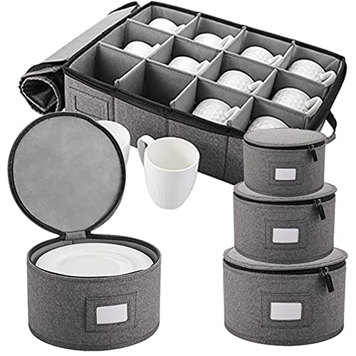 TOPZEA Set of 5 China Storage Containers, Dinnerware Storage Containers Hard Shell Stackable Moving Boxes Protectors for Dishes, Cups, Mugs and Plates, Felt Plate Dividers Included, Grey