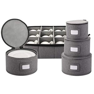 TOPZEA Set of 5 China Storage Containers, Dinnerware Storage Containers Hard Shell Stackable Moving Boxes Protectors for Dishes, Cups, Mugs and Plates, Felt Plate Dividers Included, Grey