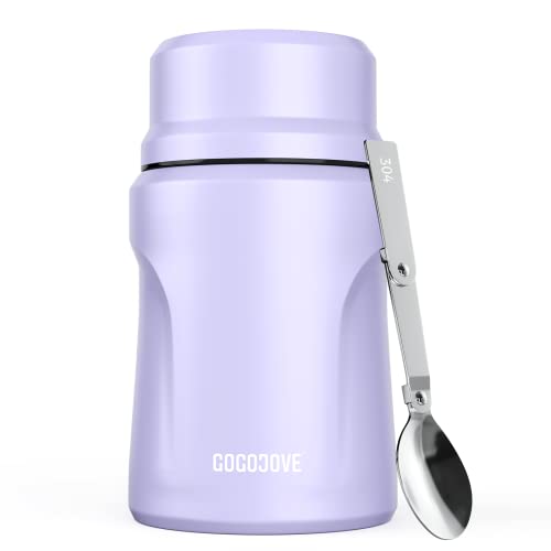 GOGOJOVE Thermoses for Hot Food,16 oz Insulated Lunch Containers Food Jar for Kids/Adult Leak Proof Vacuum Stainless Steel Keep Hot/Cold for School Office Travel Outdoors Light Purple