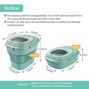 Lockcoo Rice Storage Container, Foldable Airtight Cereal Food Storage Containers 20 to 50 Lbs with Measuring Cup & Wheels, Dry Food Flour Sugar Storage Container Large Kitchen Pantry Holder, Green