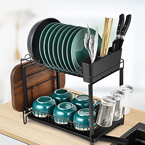 aceyoon 2 Tier Dish Drying Rack for Kitchen Counter with Swivel Spout, Detachable Dish Rack and Drainboard, Dish Drainer Organizer with Cup Utensil Cutting Board Holder (17.52 x 9.96 x 14.56inch)