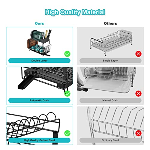 aceyoon 2 Tier Dish Drying Rack for Kitchen Counter with Swivel Spout, Detachable Dish Rack and Drainboard, Dish Drainer Organizer with Cup Utensil Cutting Board Holder (17.52 x 9.96 x 14.56inch)