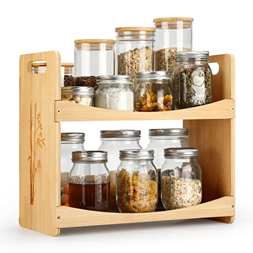 VIEWALL Spice Rack Organizer for Cabinet, Bamboo 2 Tiers Spice Rack Countertop Shelf Corner Shelf for Kitchen, Cabinet, Pantry