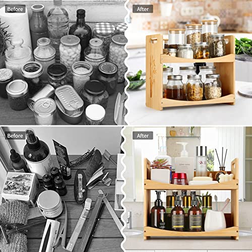 VIEWALL Spice Rack Organizer for Cabinet, Bamboo 2 Tiers Spice Rack Countertop Shelf Corner Shelf for Kitchen, Cabinet, Pantry