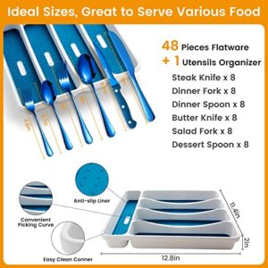 Blue Silverware Set with Drawer Organizer, 48 Pieces Flatware Set for 8, Stainless Steel Cutlery with tray, Kitchen Utensil Tableware for Home Restaurant Hotel Kitware Forks Knifes Spoons