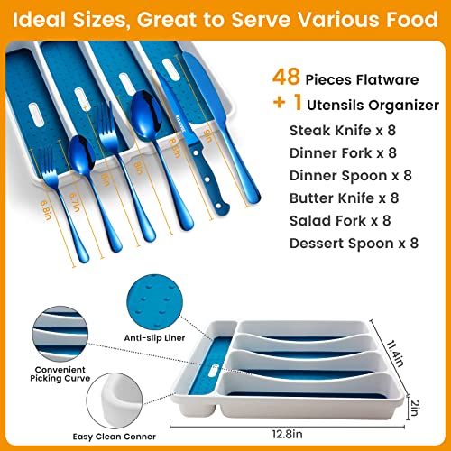 Blue Silverware Set with Drawer Organizer, 48 Pieces Flatware Set for 8, Stainless Steel Cutlery with tray, Kitchen Utensil Tableware for Home Restaurant Hotel Kitware Forks Knifes Spoons