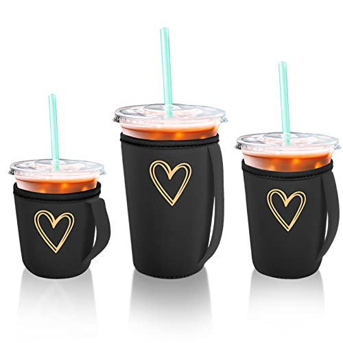 Fycyko Iced Coffee Sleeves with Handle-3 Pack Reusable Insulator for Cold& Hot Drink Cups,Love Heart Cute Neoprene Iced Coffee Cup Sleeve,Compatible with Starbucks Dunkin McDonalds More,Black