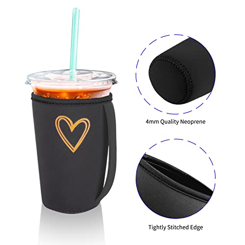 Fycyko Iced Coffee Sleeves with Handle-3 Pack Reusable Insulator for Cold& Hot Drink Cups,Love Heart Cute Neoprene Iced Coffee Cup Sleeve,Compatible with Starbucks Dunkin McDonalds More,Black