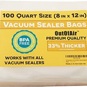 100 Vacuum Sealer Bags: Quart Size (8" x 12") by OutOfAir Works with FoodSaver & Other Machines - 33% Thicker BPA Free, Commercial Grade, 8 x 12 inches