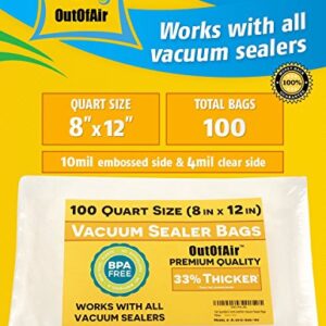 100 Vacuum Sealer Bags: Quart Size (8" x 12") by OutOfAir Works with FoodSaver & Other Machines - 33% Thicker BPA Free, Commercial Grade, 8 x 12 inches