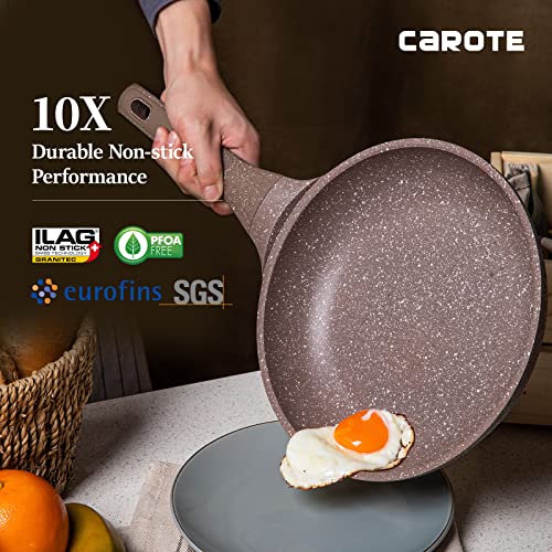 Carote Granite Nonstick Cookware Sets, 10 Pcs Pots and Pans Set Nonstick, Healthy Non Stick Induction Stone Cookware Kitchen Cooking Set w/Frying Pans & Saucepan, PFOS, PFOA Free (Brown Granite)