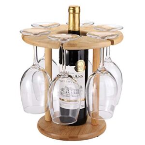 cedilis countertop wine glass rack, tabletop bamboo wine bottle holder, wine glasses storage stand, holds 6 glasses and 1 bottle, perfect for home kitchen decor, bar, wine cellar