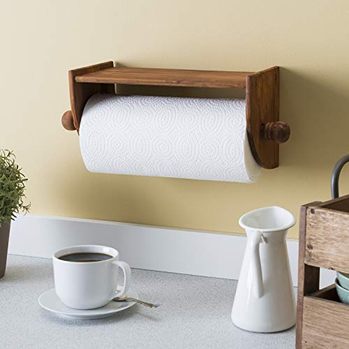 Home Basics Quick Install Rustic Pine Wood Wall Mounted Paper Towel Holder with Flat Top, Brown