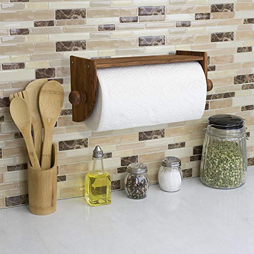 Home Basics Quick Install Rustic Pine Wood Wall Mounted Paper Towel Holder with Flat Top, Brown