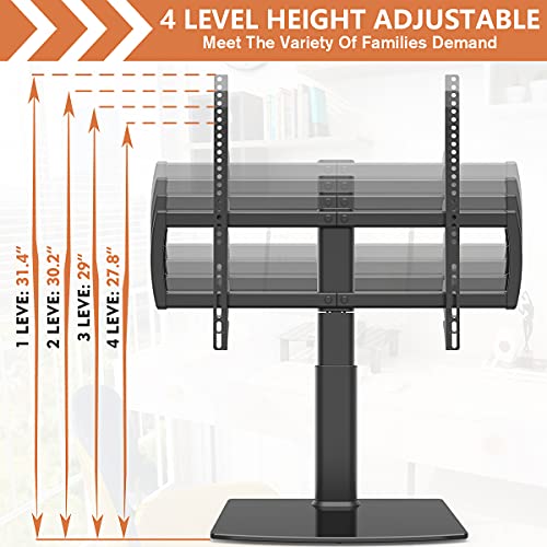 Universal Swivel TV Stand/Base Table Top TV Stand 32 to 70 inch TVs 80 Degree Swivel, 4 Level Height Adjustable, Heavy Duty Tempered Glass Base, Holds up to 88lbs Screens, HT04B-002U