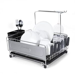 happimess dsh1000a compact 17.25″ fingerprint-proof stainless steel dish drying rack, dish rack with wine glass holder, utensil holder, stainless steel/black, silver/black