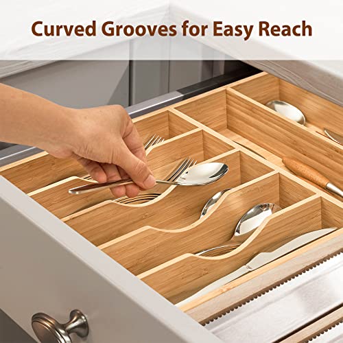 Kitchen Drawer Organizer, 13 Inch Silverware Utensil Tray Holder, Extra Deep, with Non-Slip Feet & Grooved Drawer Divider, 7 Slots Total Bamboo Wood Caddy for Flatware Cutlery Knives, Forks, Spoons