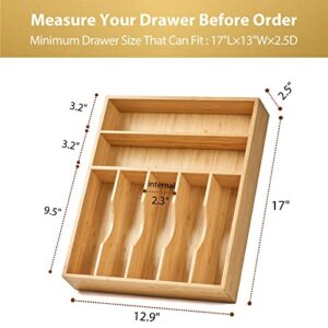 Kitchen Drawer Organizer, 13 Inch Silverware Utensil Tray Holder, Extra Deep, with Non-Slip Feet & Grooved Drawer Divider, 7 Slots Total Bamboo Wood Caddy for Flatware Cutlery Knives, Forks, Spoons