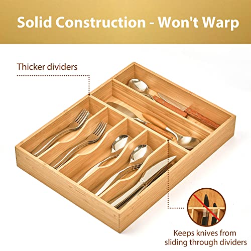 Kitchen Drawer Organizer, 13 Inch Silverware Utensil Tray Holder, Extra Deep, with Non-Slip Feet & Grooved Drawer Divider, 7 Slots Total Bamboo Wood Caddy for Flatware Cutlery Knives, Forks, Spoons