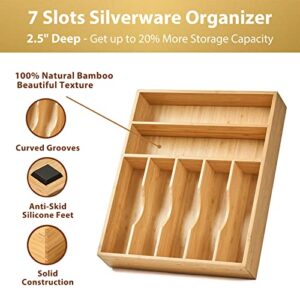 Kitchen Drawer Organizer, 13 Inch Silverware Utensil Tray Holder, Extra Deep, with Non-Slip Feet & Grooved Drawer Divider, 7 Slots Total Bamboo Wood Caddy for Flatware Cutlery Knives, Forks, Spoons