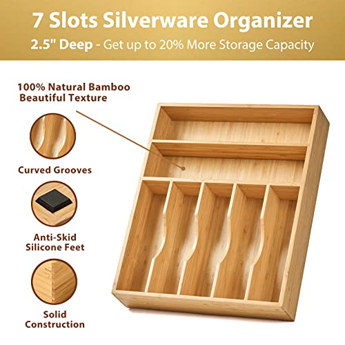 Kitchen Drawer Organizer, 13 Inch Silverware Utensil Tray Holder, Extra Deep, with Non-Slip Feet & Grooved Drawer Divider, 7 Slots Total Bamboo Wood Caddy for Flatware Cutlery Knives, Forks, Spoons