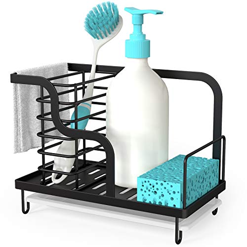 Kitchen Sink Caddy Sponge Holder 304 Stainless Steel Sink Caddy with Drip Tray for Sponge, Brushes, Soap, Dish Rag, Black