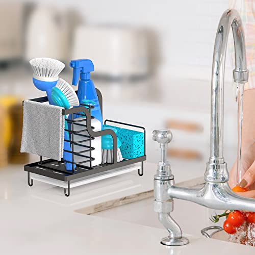 Kitchen Sink Caddy Sponge Holder 304 Stainless Steel Sink Caddy with Drip Tray for Sponge, Brushes, Soap, Dish Rag, Black