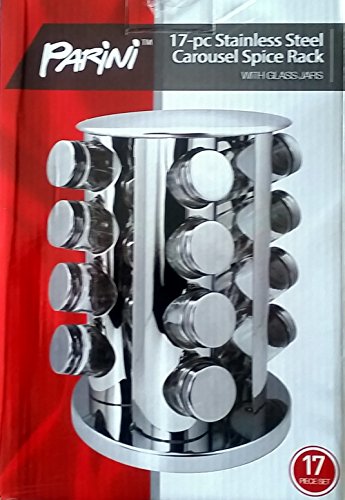 17 Pc Stainless Steel Carousel Spice Rack with Glass Jars