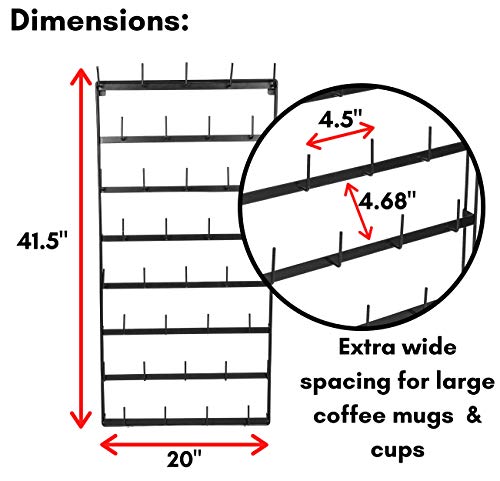 BirdRock Home 36 Peg Mug Rack for Wall - Coffee Tea Cup Glass Storage Holder - Coffee Bar Display Décor - Decorative Kitchen Organizer - Heavy Duty Rack - Flat Black Metal Steel