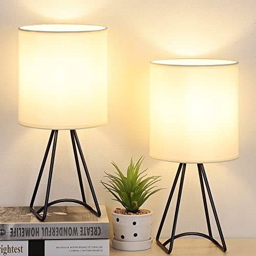 FOLKSMATE Bedside Table Lamps Set of 2, Black Metal Table Lamp for Bedroom, Modern Lamp for Nightstand, Simple Side Lamp with Linen Fabric Lampshade for Kids, Bedrooms, Living Room (Bulb not Included)