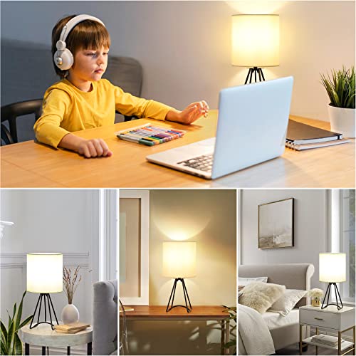 FOLKSMATE Bedside Table Lamps Set of 2, Black Metal Table Lamp for Bedroom, Modern Lamp for Nightstand, Simple Side Lamp with Linen Fabric Lampshade for Kids, Bedrooms, Living Room (Bulb not Included)