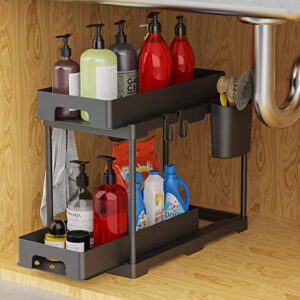 under sink organizers and storage,2 tier pull out bathroom sink organizer, sliding cabinet basket organizer with 4 hooks,2 hanging cups, under sink storage for bathroom, kitchen, cleaning supplies.