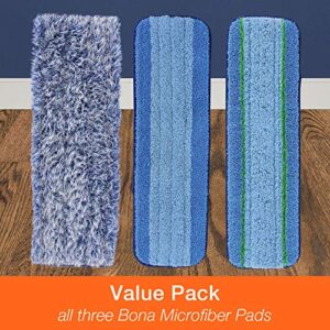 Bona Microfiber Pad 3-Pack includes Dusting, Cleaning, and Deep Cleaning Pad, for Hardwood and Multi-Surface Floors, fits Bona Family of Mops