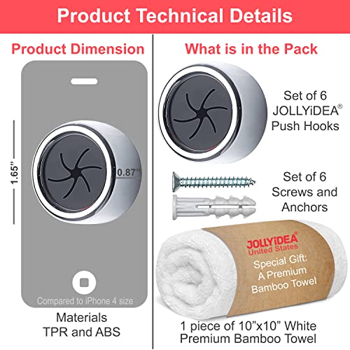 JOLLYiDEA Kitchen Dish Towel Rag Holder - Self Adhesive Push Hooks for Towel Stick On Hook No Drilling Grabber for Kitchen Sink Bathroom Wall Hand Washcloth Hanging Rack, 6 Pack Small Hangers 1 Gift