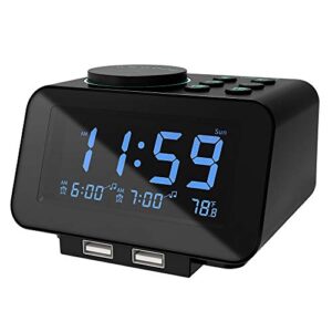 uscce digital alarm clock radio – 0-100% dimmer, dual alarm with weekday/weekend mode, 6 sounds adjustable volume, fm radio w/ sleep timer, snooze, 2 usb charging ports, thermometer, battery backup