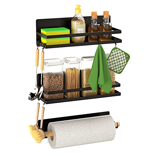 Strong Magnetic Large Shelf Spice Rack Magnetic Paper Towel Holder with Hooks for Refrigerator Fridge Organizer for Kitchen, Space Saver Container for Kitchen Apartment, Drill Free, Black