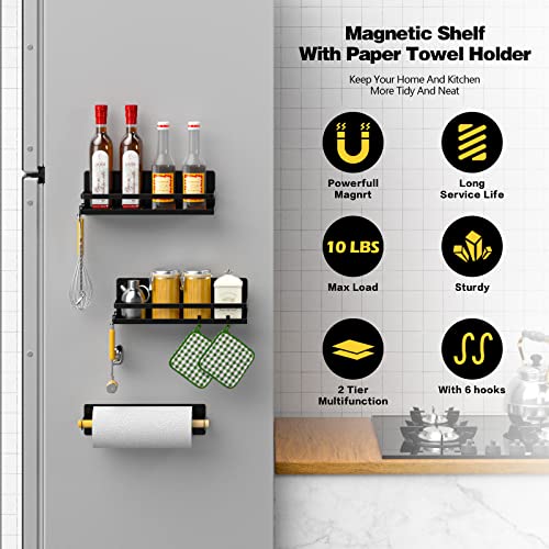 Strong Magnetic Large Shelf Spice Rack Magnetic Paper Towel Holder with Hooks for Refrigerator Fridge Organizer for Kitchen, Space Saver Container for Kitchen Apartment, Drill Free, Black