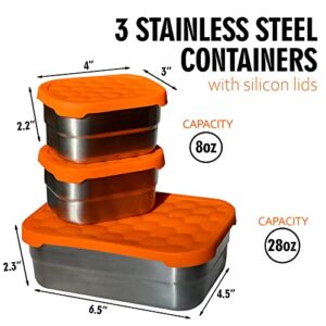 Stainless Steel Food Containers with Lids Set of 3 (28 oz, 8 oz, 8 oz) - Stainless Steel Lunch Container for Kids - Premium Metal Snack Container Leakproof Lunch Box Silicone Lids Sandwich Containers