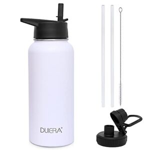 duiera 32oz insulated water bottle vacuum stainless steel water bottle with straw & leak proof spout lids, bpa free, keep beverage cold or hot – white