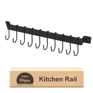 utensil holder, kitchen rail with 10 hooks, kitchen pots pans organizer hanger, wall mounted wrought iron hanging utensil holder rack with black 17 inch for coffee mug rack cup hanging kitchen black…