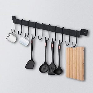 Utensil Holder, Kitchen Rail with 10 Hooks, Kitchen Pots Pans Organizer Hanger, Wall Mounted Wrought Iron Hanging Utensil Holder Rack with Black 17 Inch for Coffee Mug Rack Cup Hanging Kitchen Black…