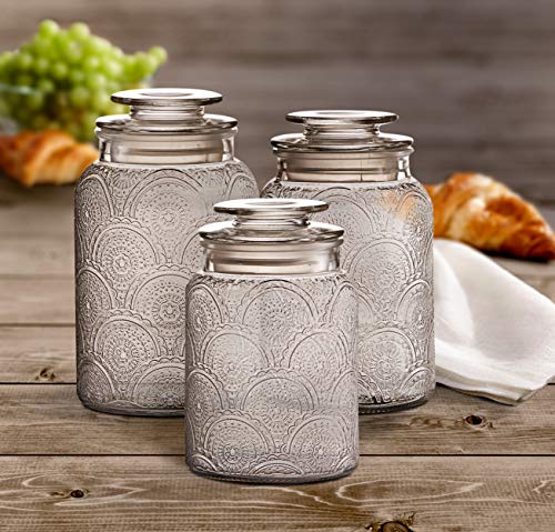 Style Setter Canister Set 3-Piece Glass Jars in 34oz, 44oz & 54oz Retro Design w/ Airtight Lids for Cookies, Candy, Coffee, Flour, Sugar, Rice, Pasta, Cereal & More