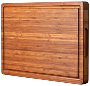 bamboo wood cutting board for kitchen, 1″ thick butcher block, cheese charcuterie board, with side handles and juice grooves, 16×11″